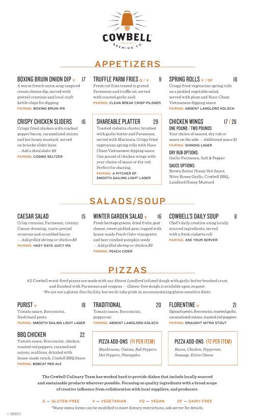 Cowbell Brewing Co. menu in Blyth, Ontario, Canada