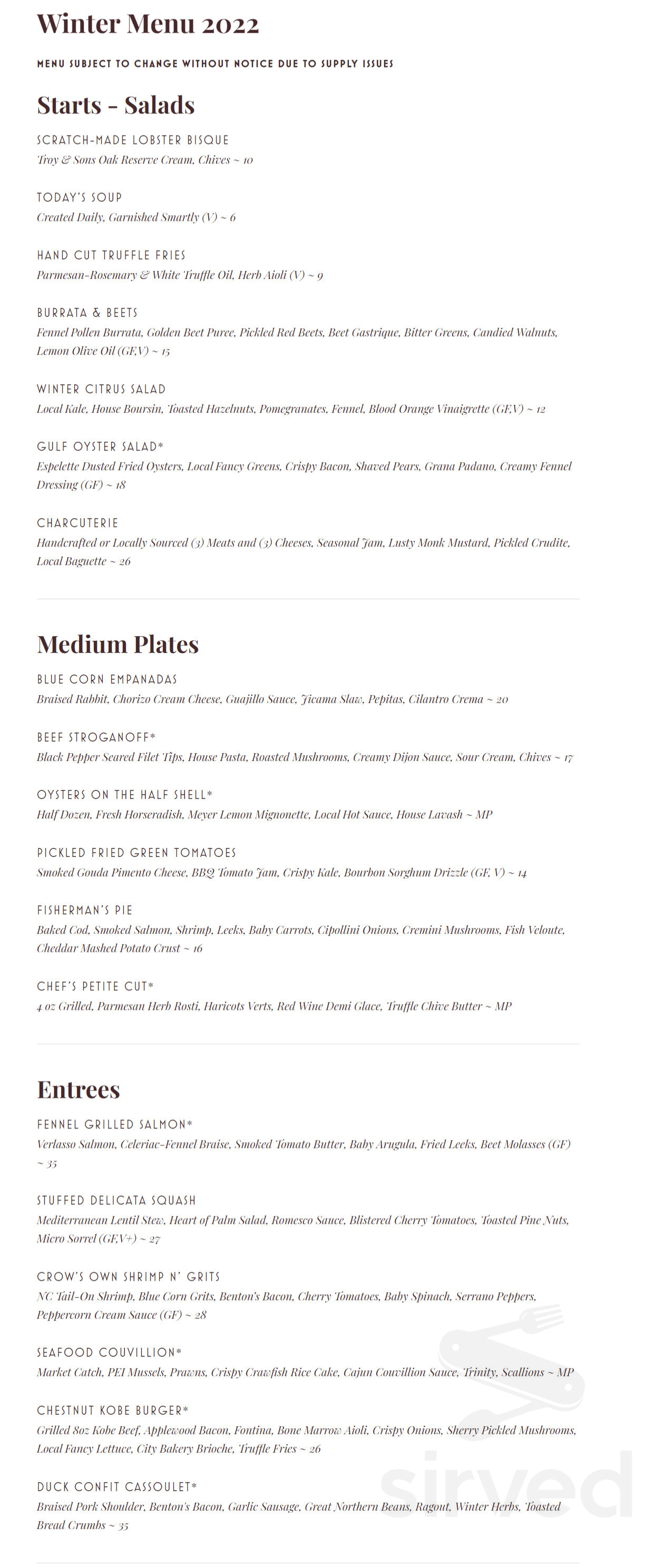 Chestnut menu in Asheville, North Carolina, USA