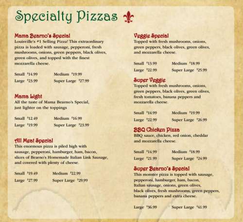 Bearno's Pizza Fern Creek menu in Fern Creek, Kentucky, USA