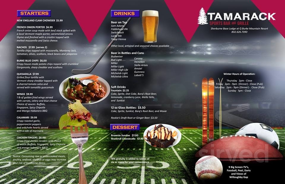 Tamarack Grill menu in East Burke, Vermont, USA
