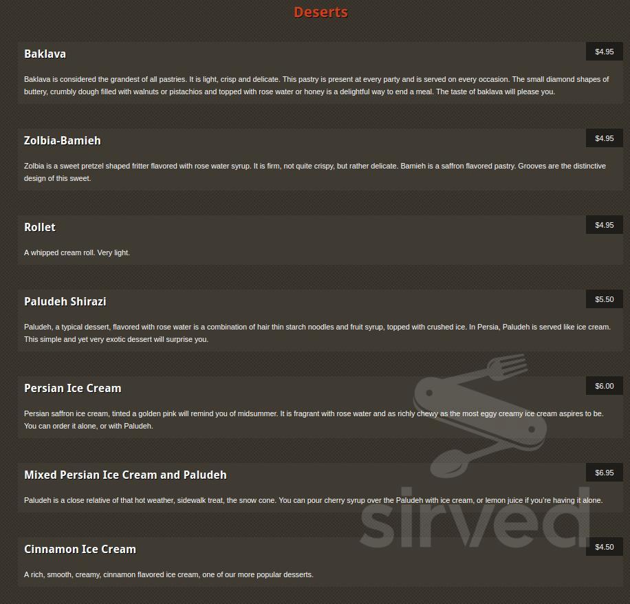 Shamshiry menu in Vienna, Virginia, USA