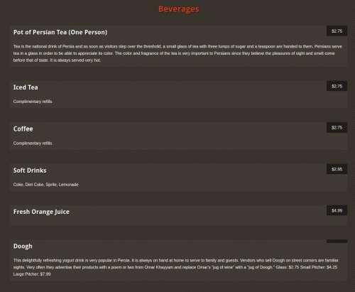 Shamshiry menu in Vienna, Virginia, USA