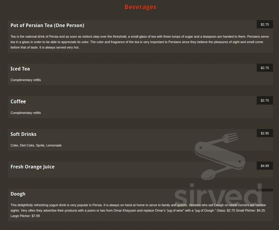 Shamshiry menu in Vienna, Virginia, USA