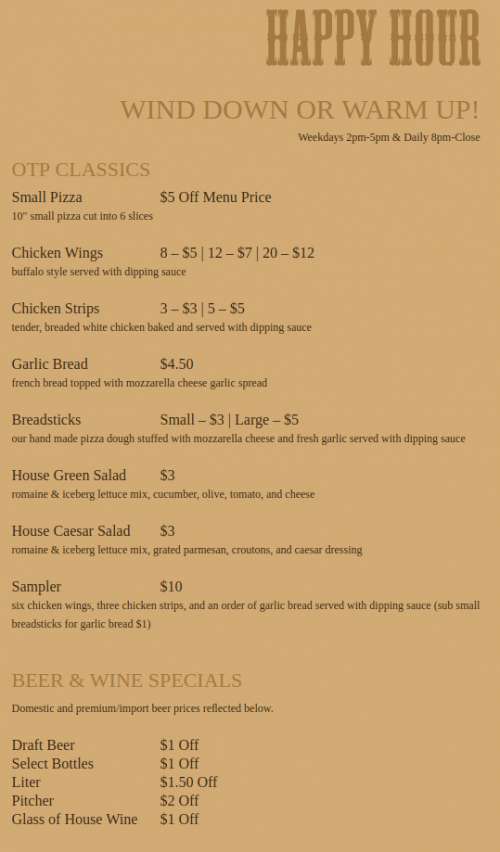 Old Town Pizza menu in Roseville, California, USA