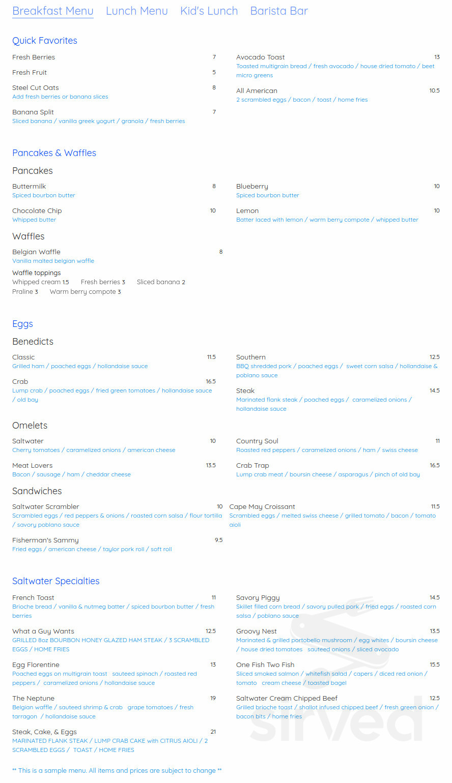 Saltwater Cafe menu in Cape May, New Jersey, USA