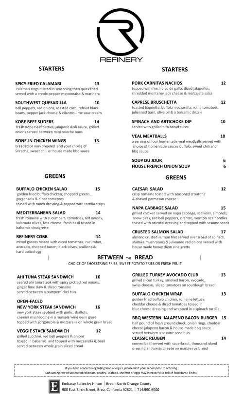 The Refinery menu in Brea, California, USA