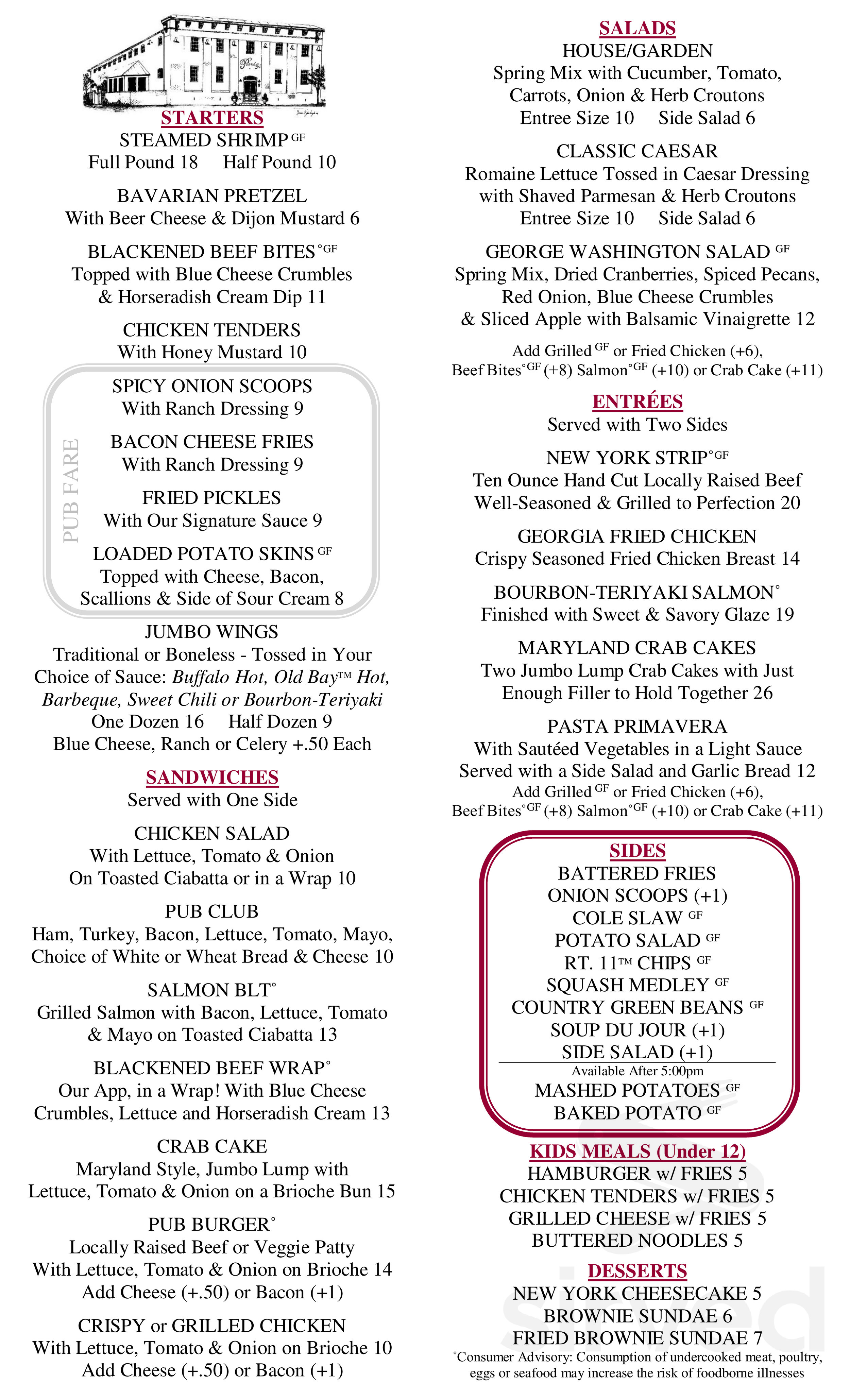 Piccadilly's Public House & Restaurant menu in Winchester, Virginia, USA