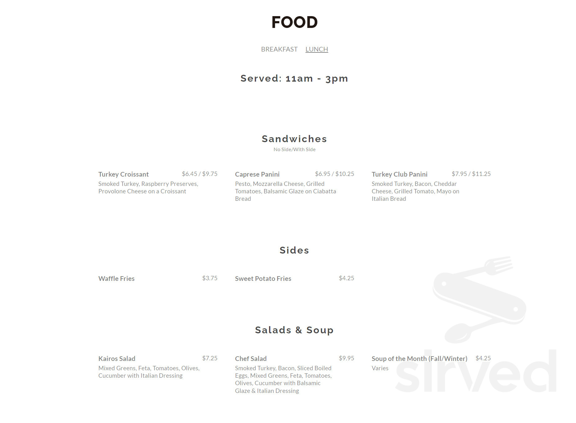 Kairos Coffee House menu in Colorado Springs, Colorado, USA