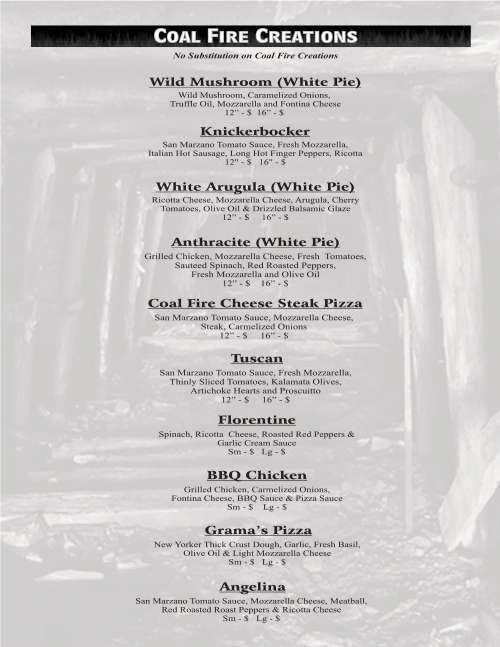 Vito's Coal Fired Pizza & Restaurant menu in St Clair, Pennsylvania, USA