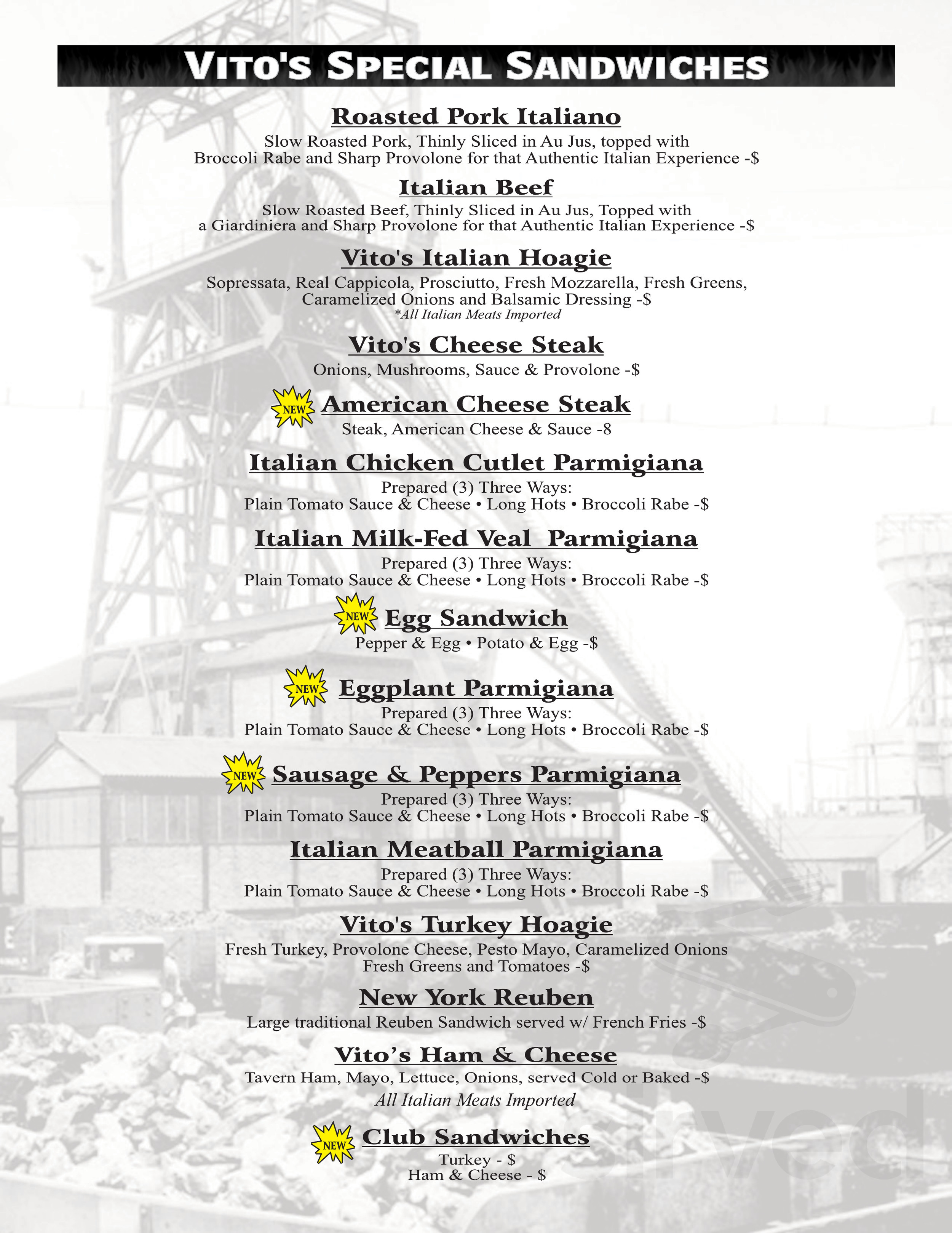 Vito's Coal Fired Pizza & Restaurant menus in St Clair, Pennsylvania ...