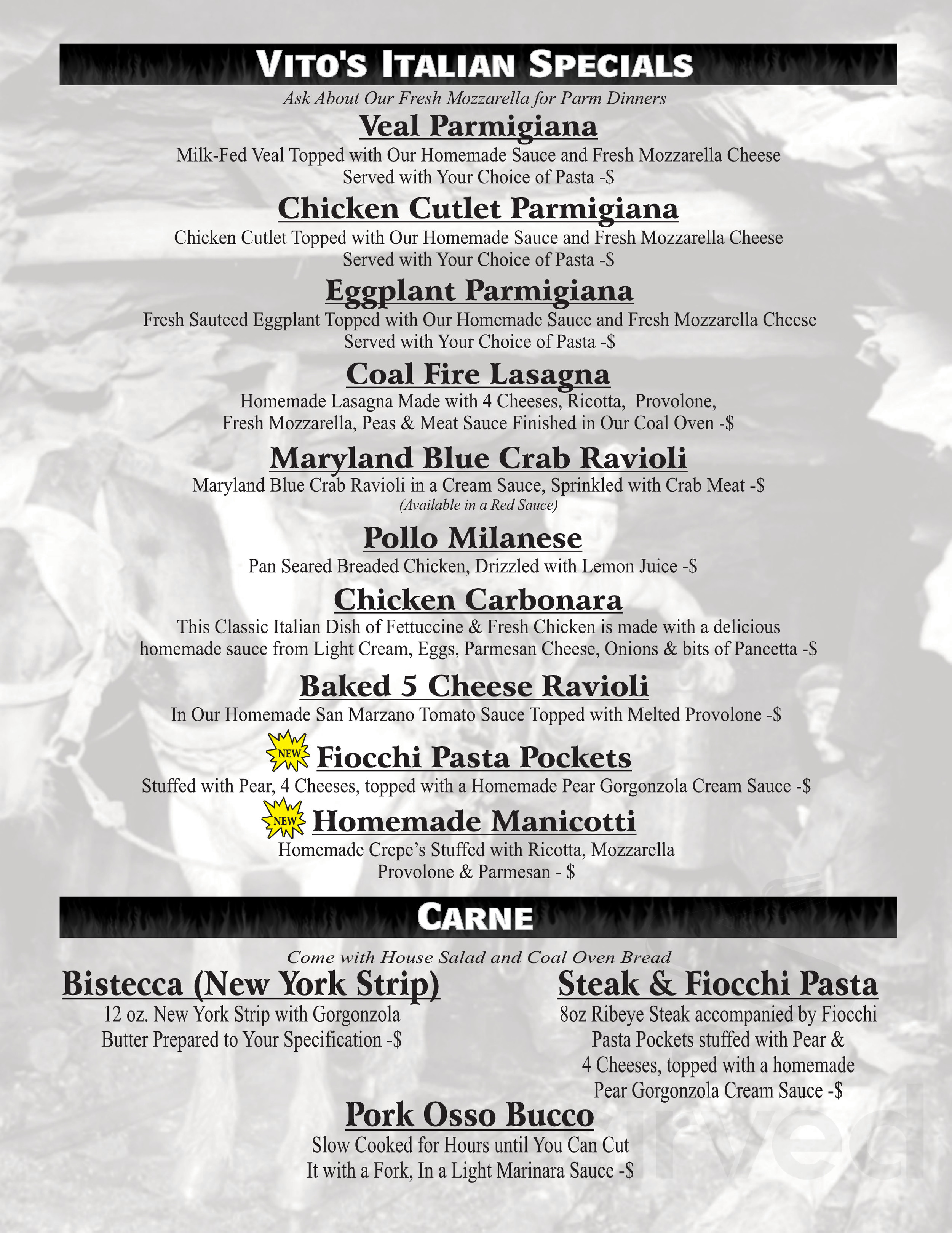 Vito's Coal Fired Pizza & Restaurant menu in St Clair, Pennsylvania, USA