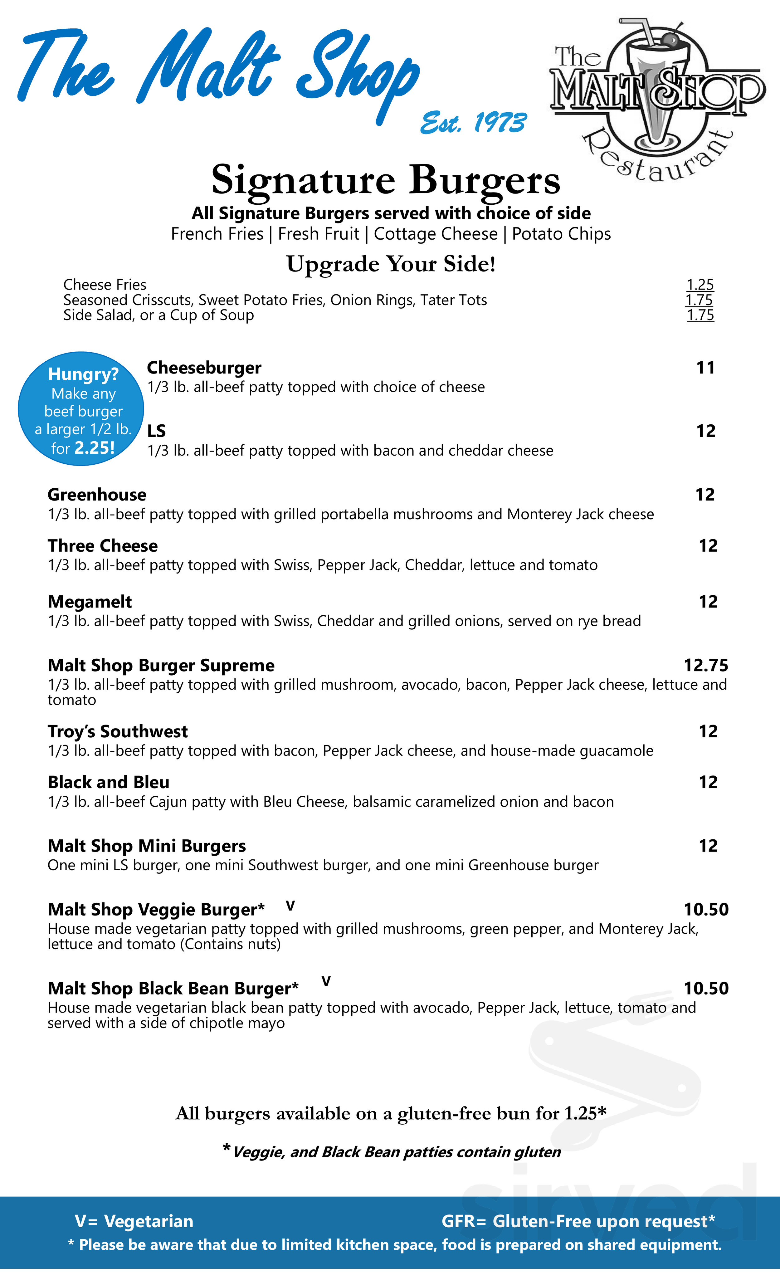 The Malt Shop menu in Minneapolis, Minnesota, USA