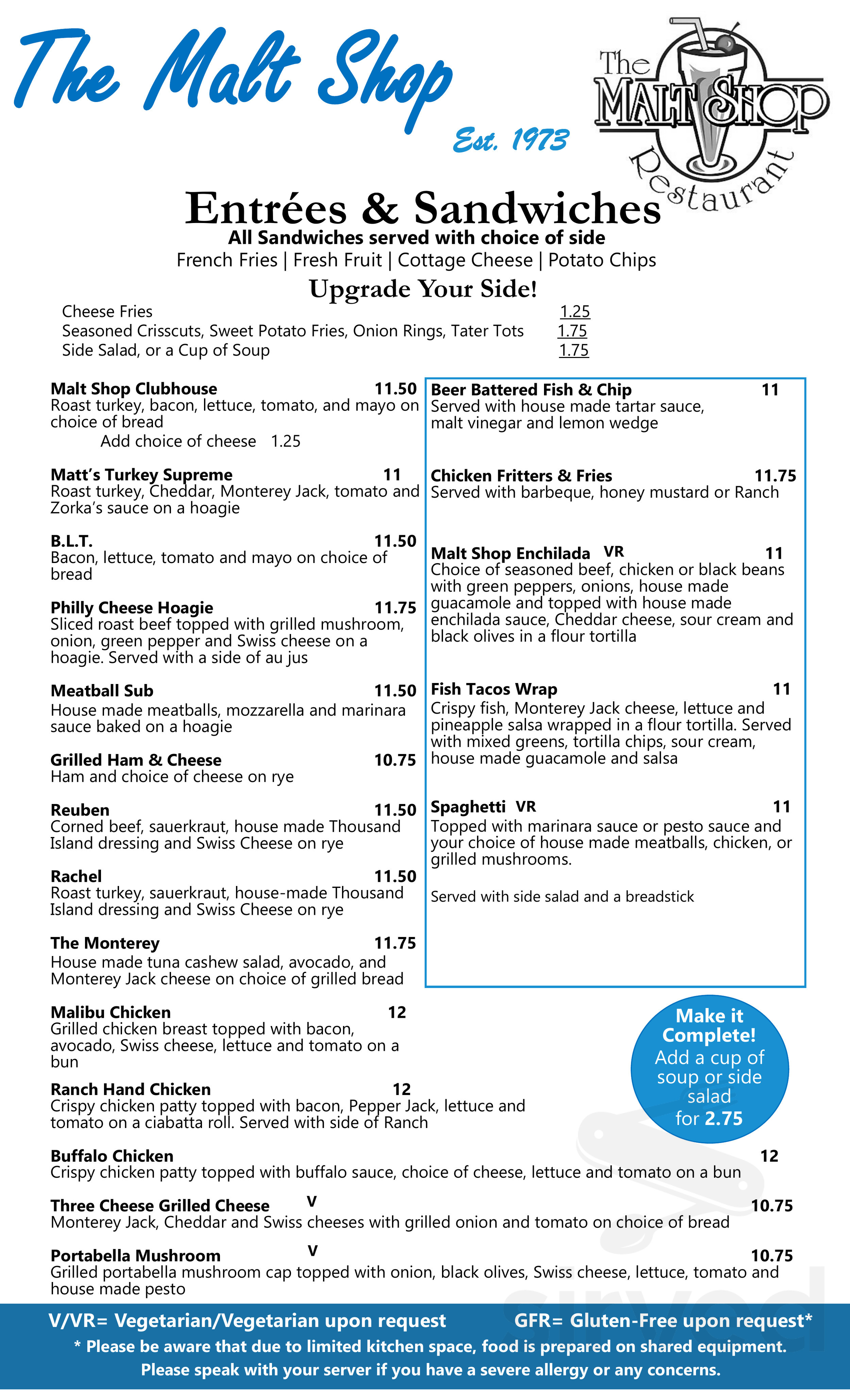 The Malt Shop menu in Minneapolis, Minnesota, USA
