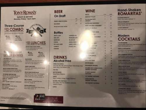 Tony Roma's menu in Denver, Colorado, USA
