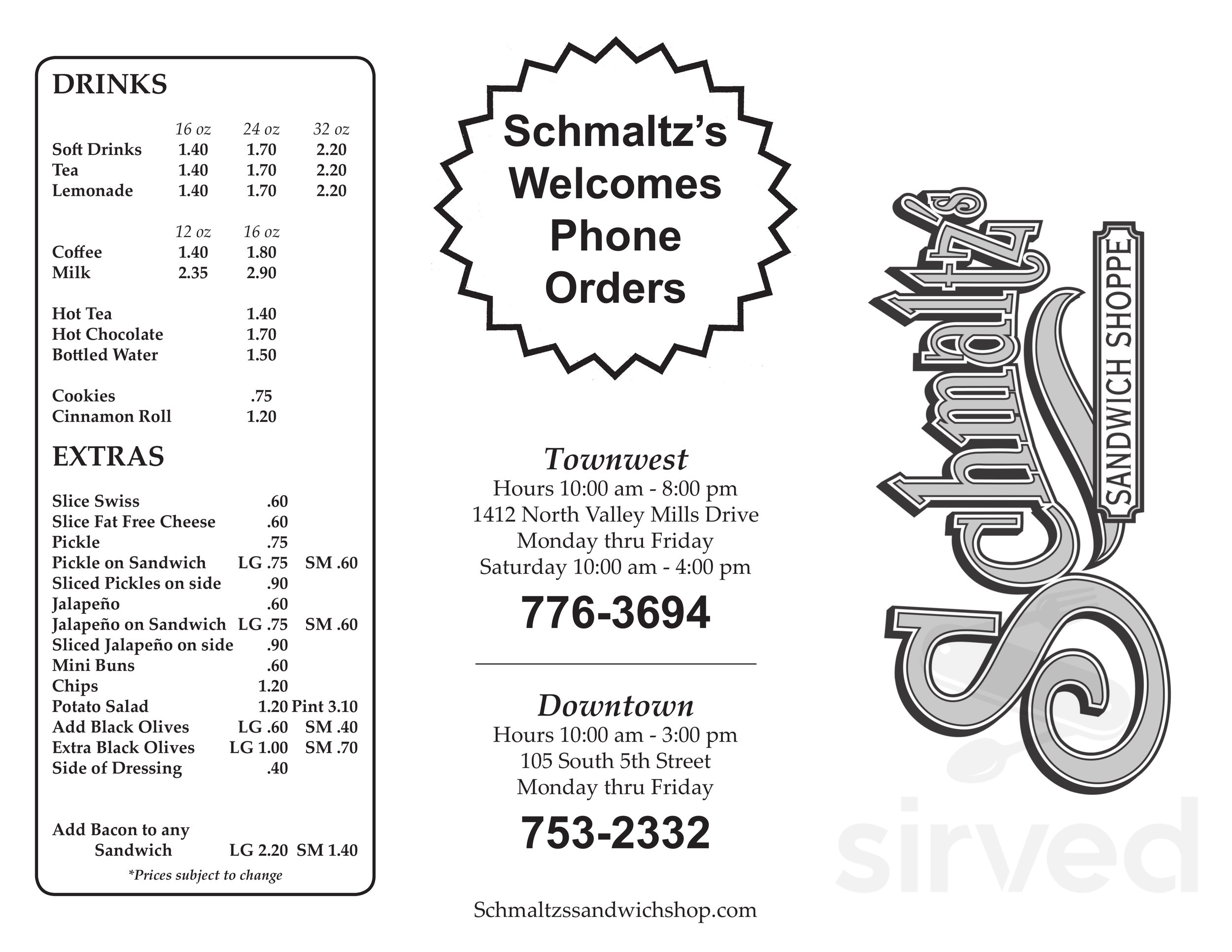 Menu for Schmaltz's Sandwich Shoppe - Waco, TX | Sirved