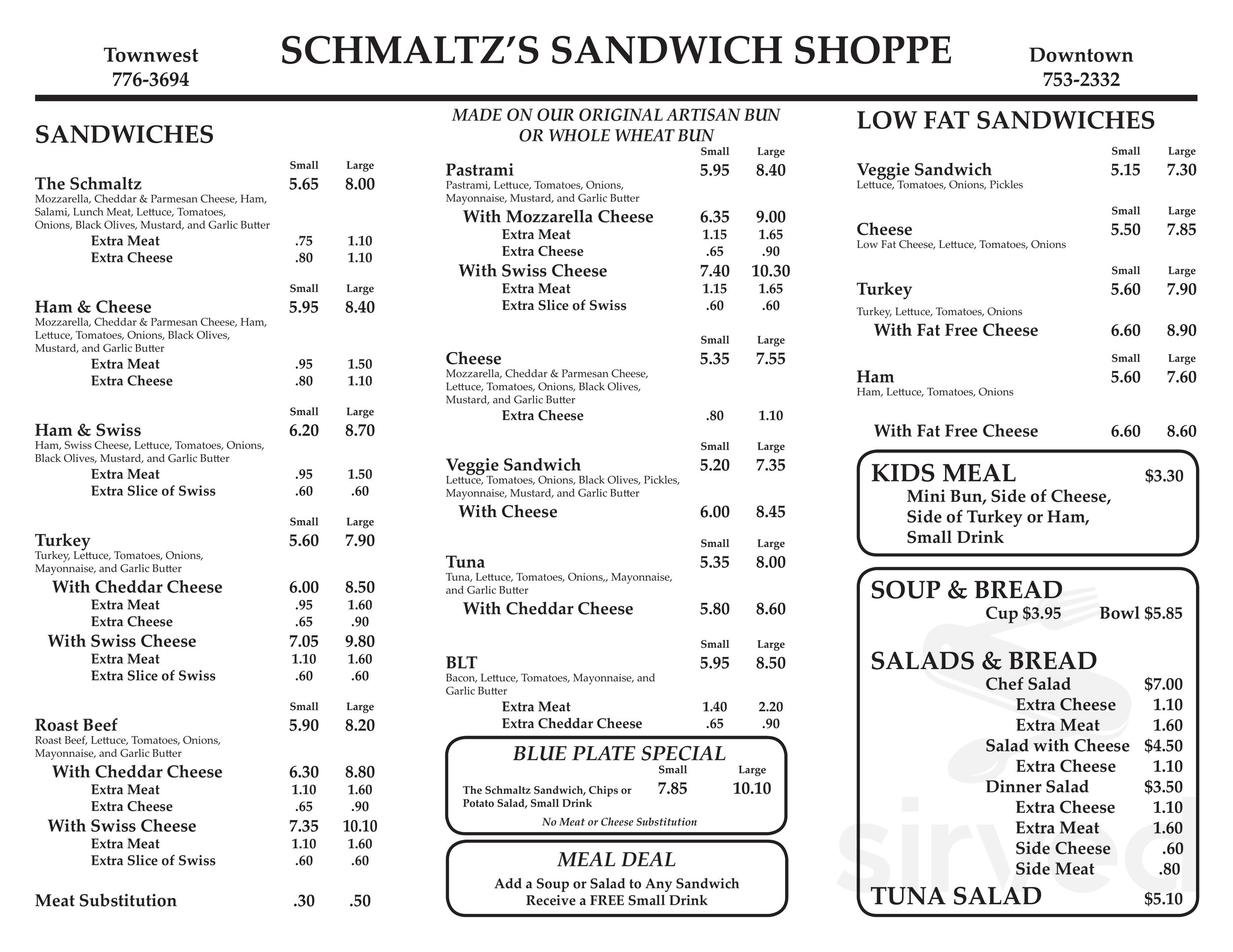 Schmaltz's Sandwich Shoppe menu in Waco, Texas, USA