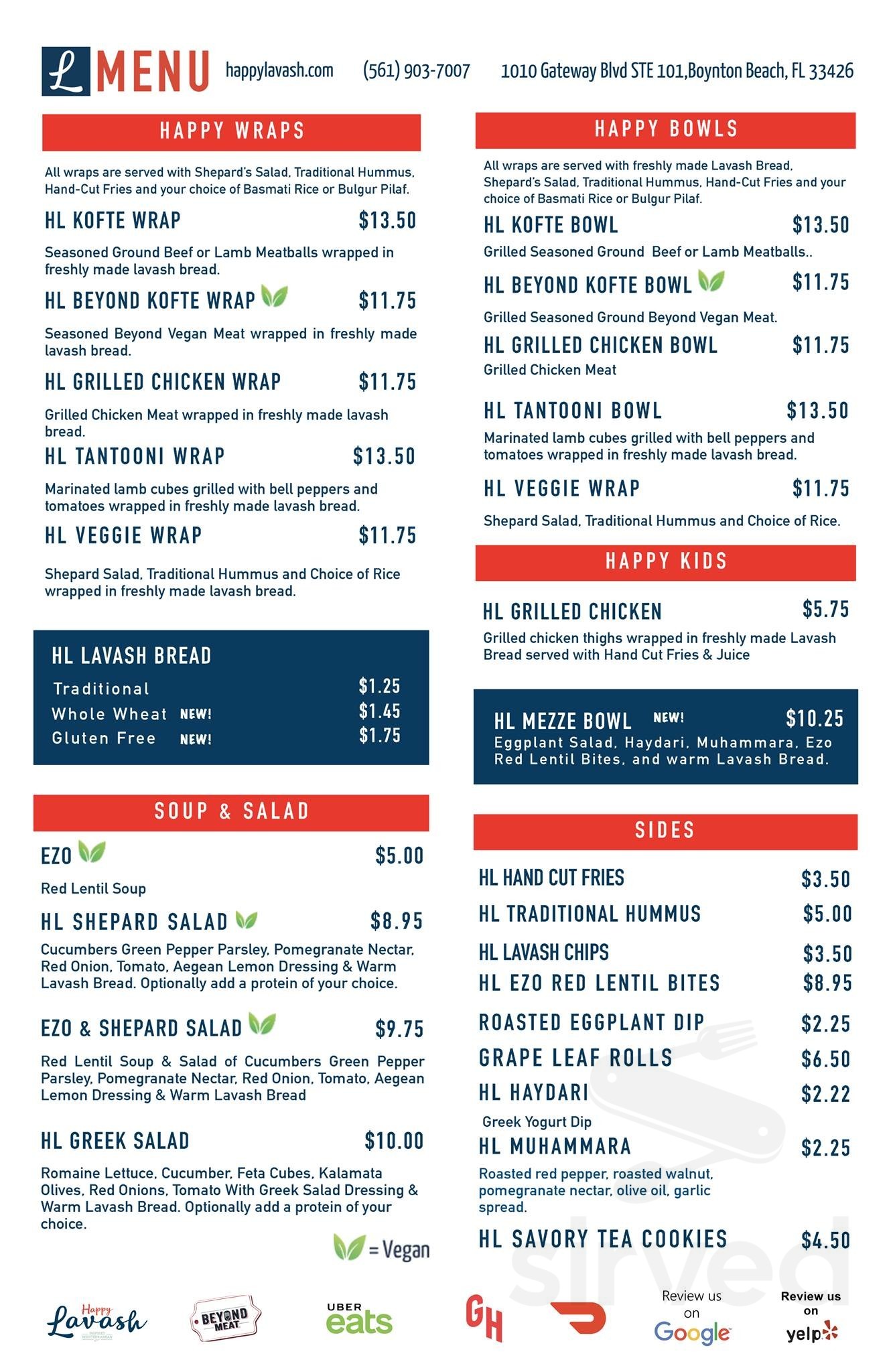 Happy Lavash Inspired Mediterranean menu in Boynton Beach, Florida, USA