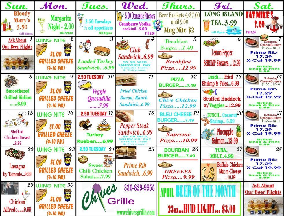Chives menu in Alliance, Ohio, USA