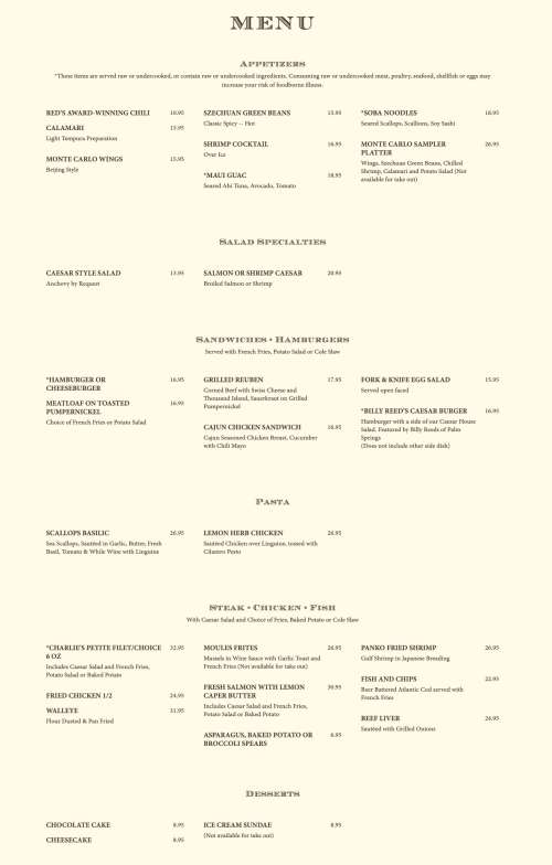The Monte Carlo menu in Minneapolis, Minnesota, USA