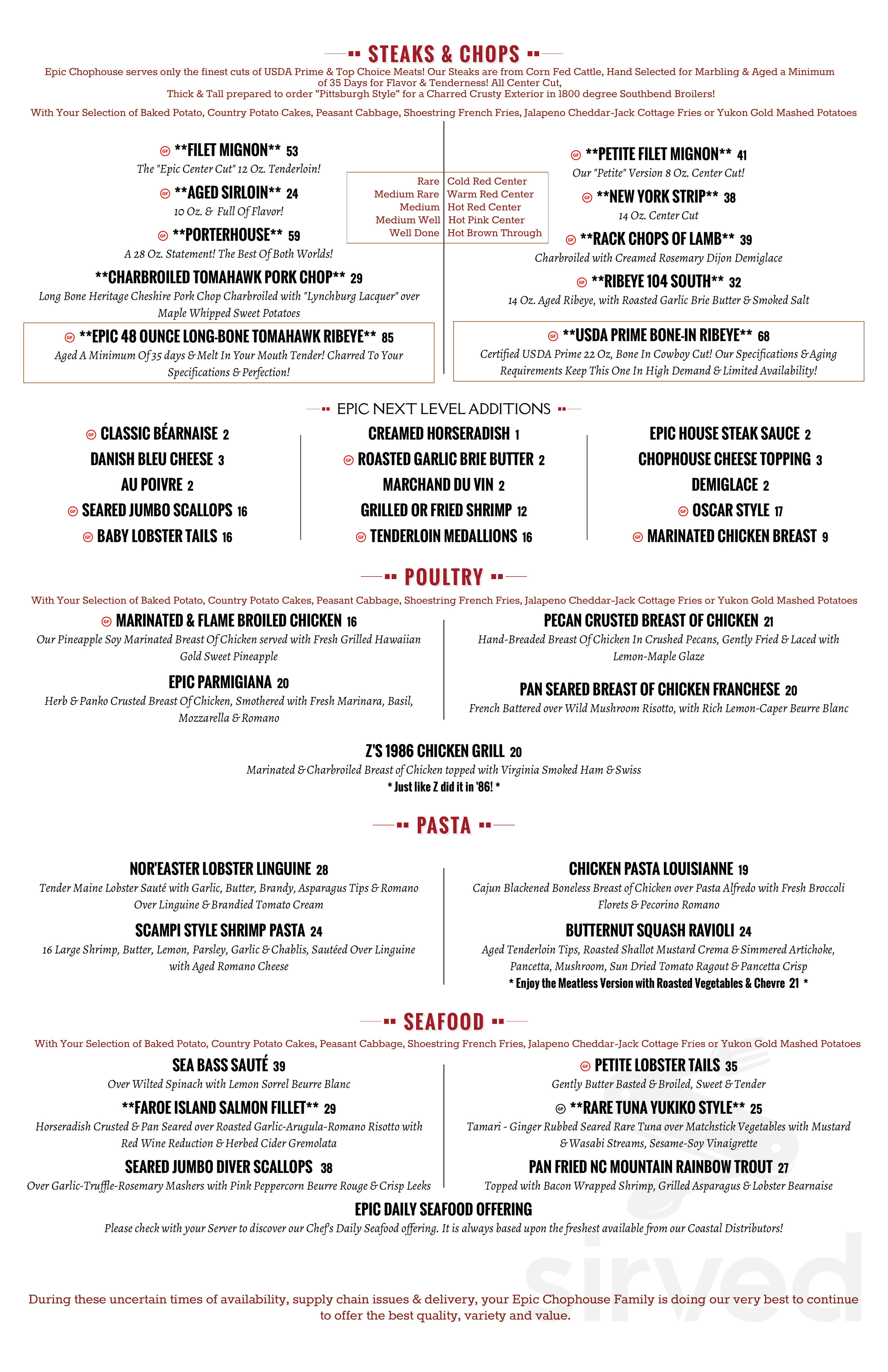Epic Chophouse at Kingsley menu in Fort Mill, South Carolina, USA