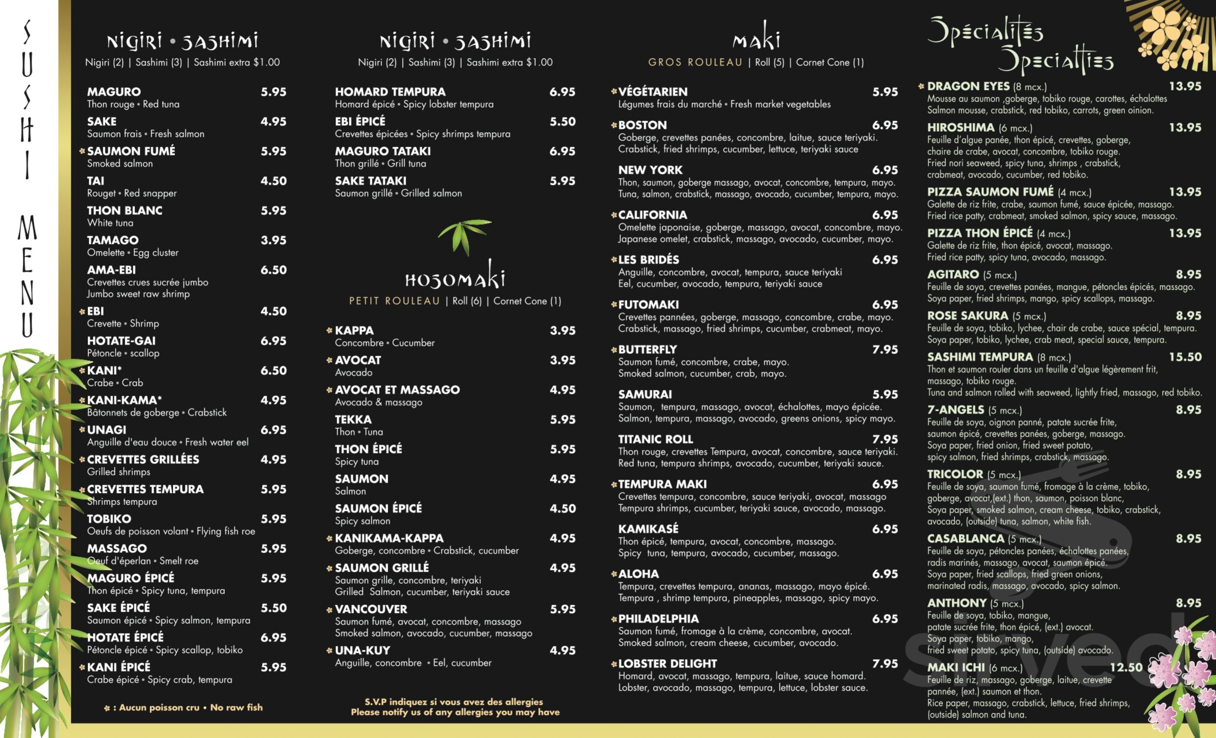 Menu for Les Bridés in Montréal, Quebec, Canada