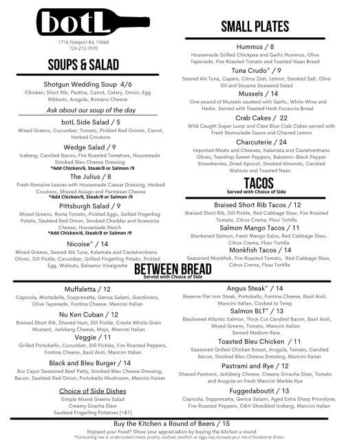 botL menu in New Kensington, Pennsylvania, USA