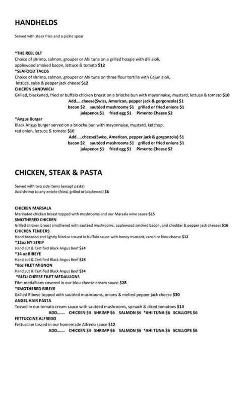 The Reel Grill of Milledgeville menu in Milledgeville, Georgia, USA