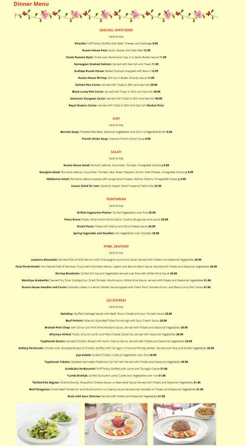 Russia House Restaurant menu in Herndon, Virginia, USA