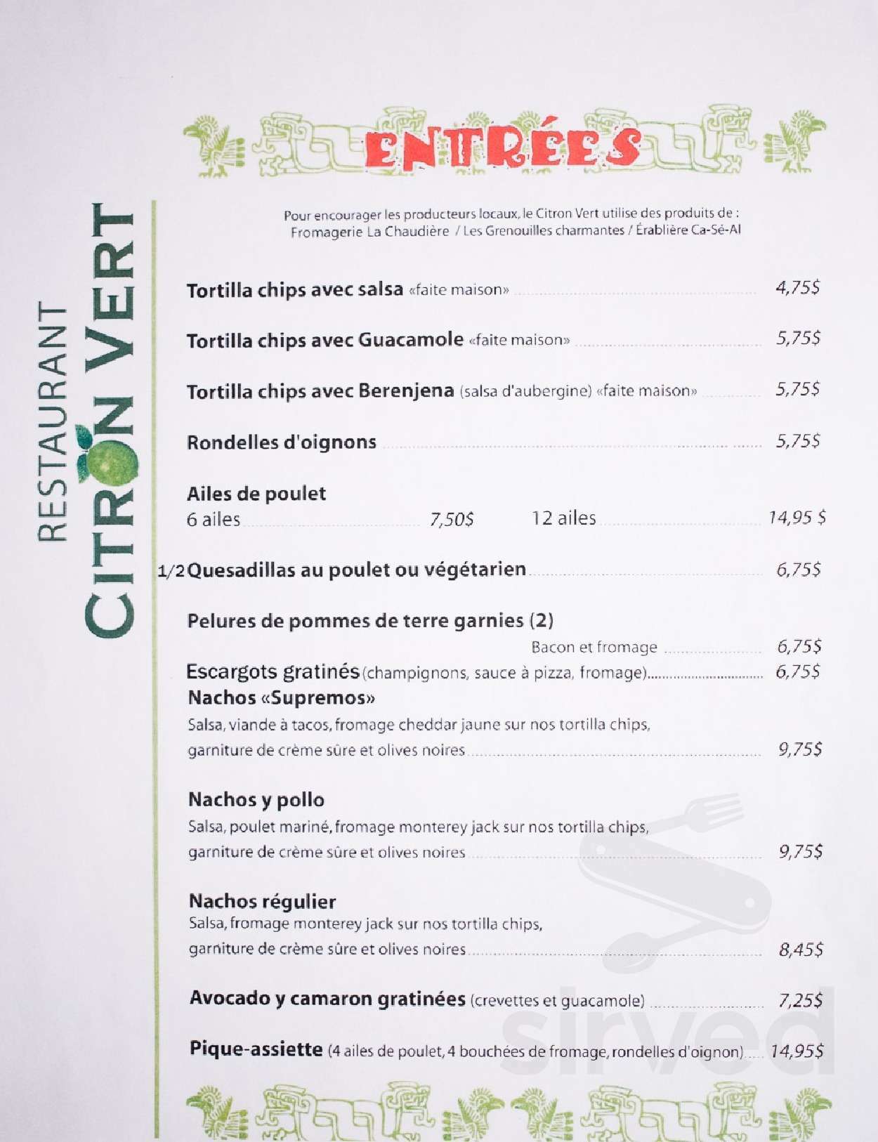 Restaurant Citron Vert menus in Lac-Mégantic, Quebec, Canada