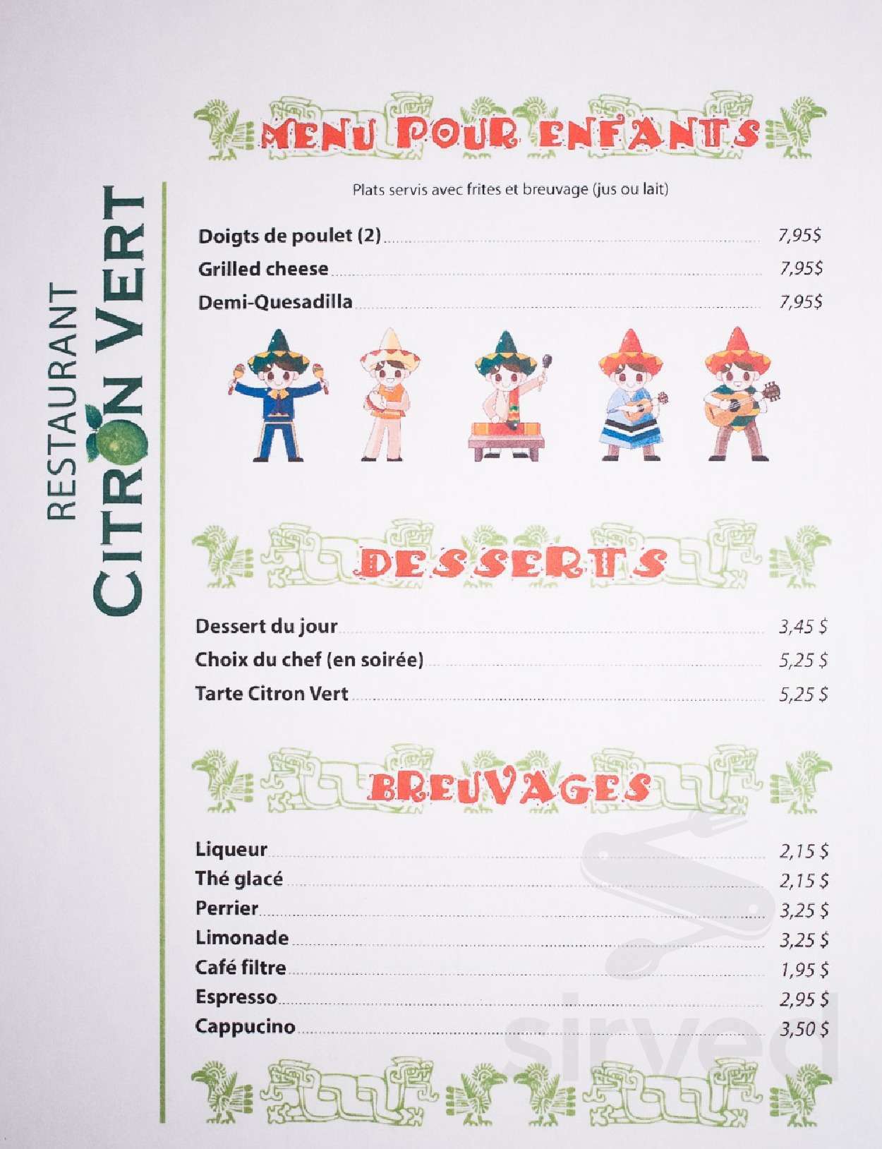 Restaurant Citron Vert menus in Lac-Mégantic, Quebec, Canada