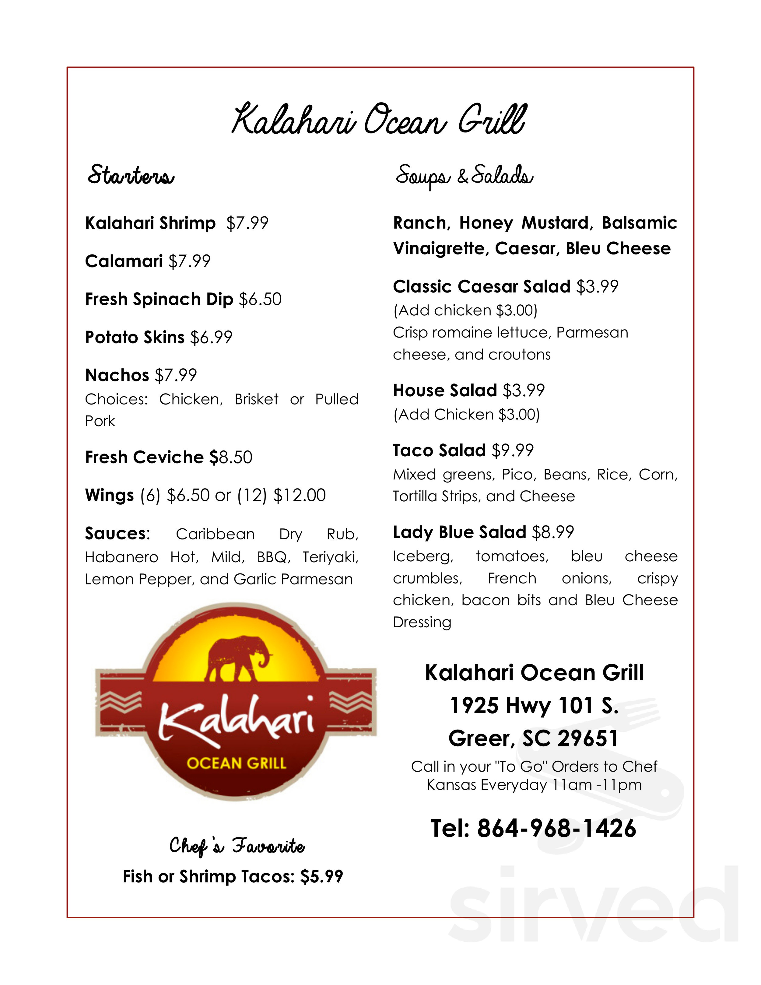 Kalahari Ocean Grill menu in Greer, South Carolina, USA