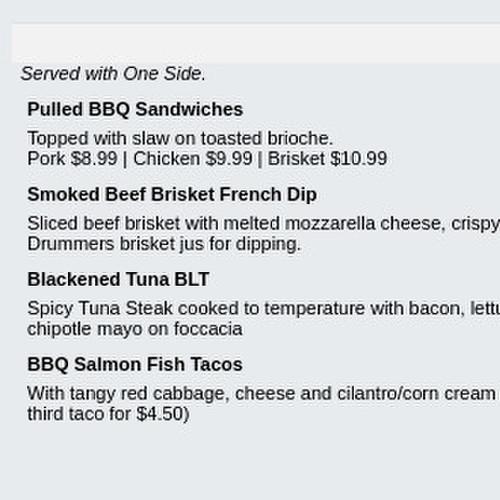 Two Drummers Smokehouse menu in Toano, Virginia, USA
