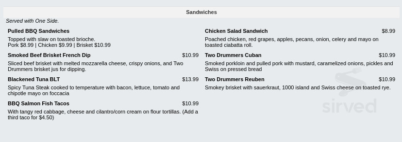 Two Drummers Smokehouse menu in Toano, Virginia, USA