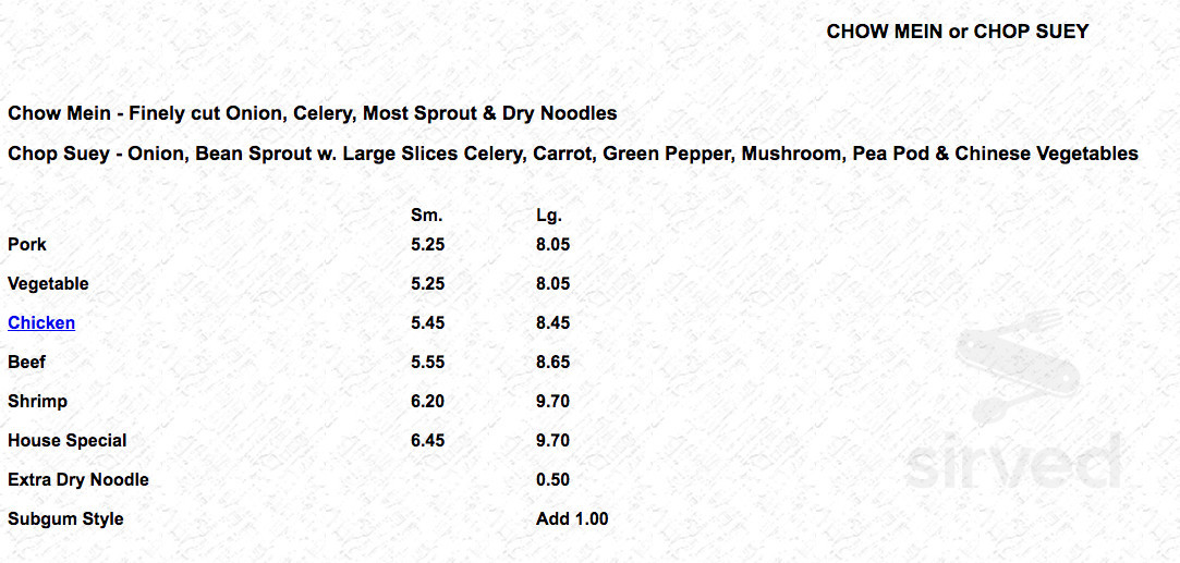 Kenny's Chinese Restaurant menu in Gardner, Massachusetts, USA