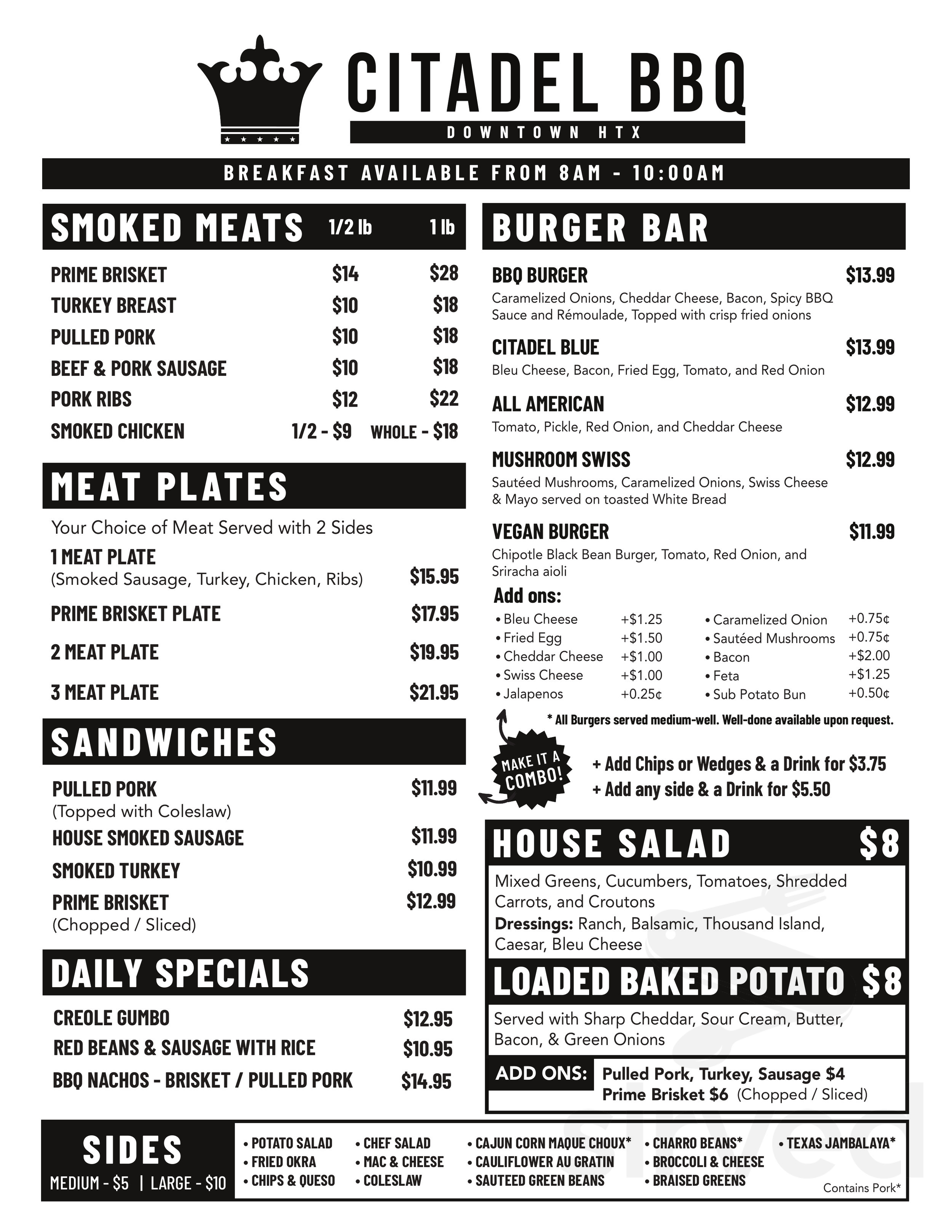 Citadel BBQ menu in Houston, Texas, USA