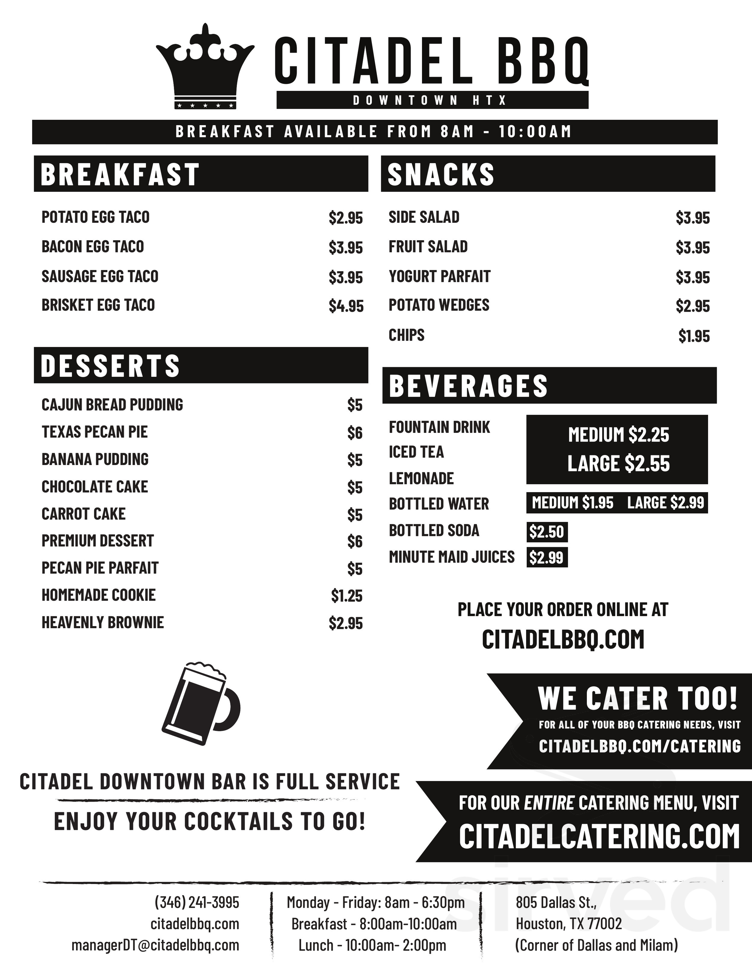 Citadel BBQ menu in Houston, Texas, USA