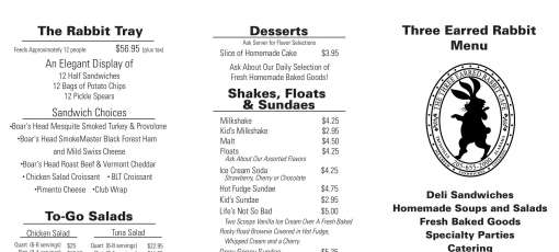 Menu for Three Earred Rabbit in Trussville, AL | Sirved