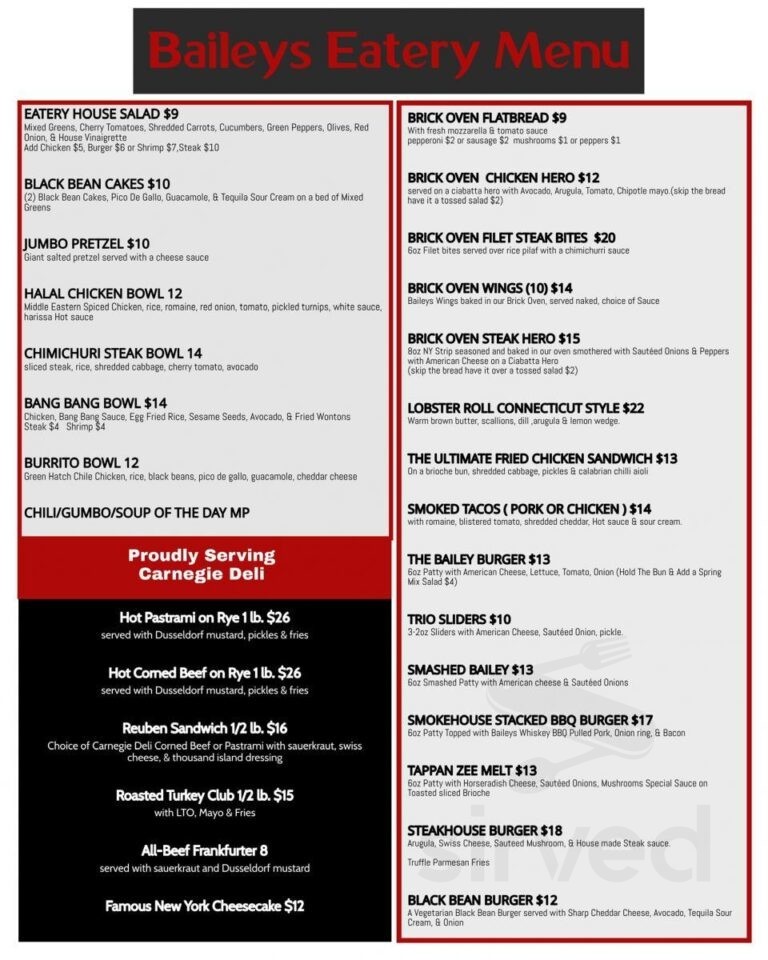 Menu - Blauvelt NY's Bailey's Eatery & Market | Sirved