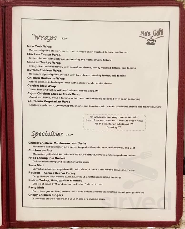 Mo's Cafe menu in Sykesville, Maryland, USA