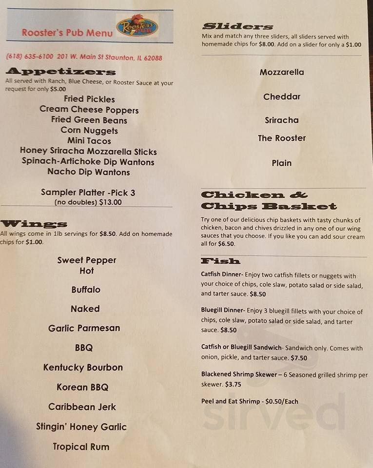 Rooster's Pub menus in Staunton, Illinois, United States