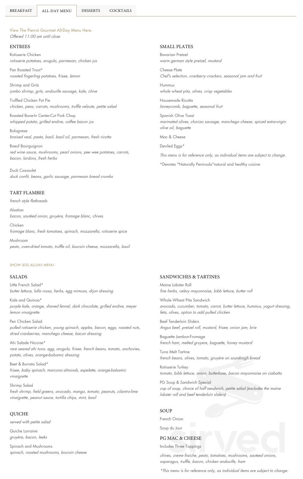 Pierrot Gourmet at The Peninsula menu in Chicago, Illinois, USA