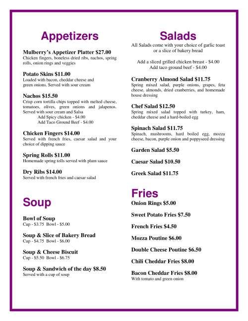 Mulberry's Restaurant and Catering menu in Saskatoon, Saskatchewan, Canada