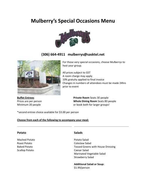 Mulberry's Restaurant and Catering menu in Saskatoon, Saskatchewan, Canada
