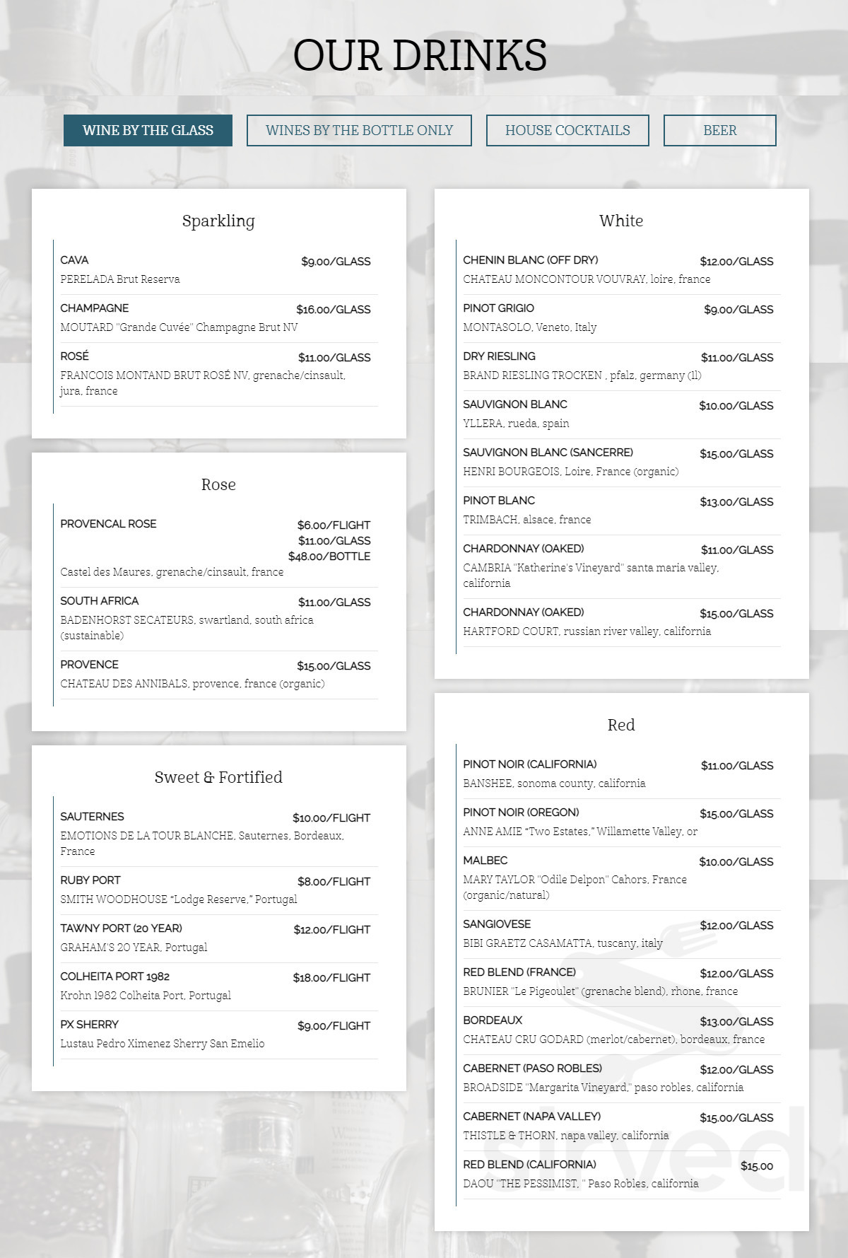 Paces & Vine Restaurant menu in Atlanta, Georgia, USA