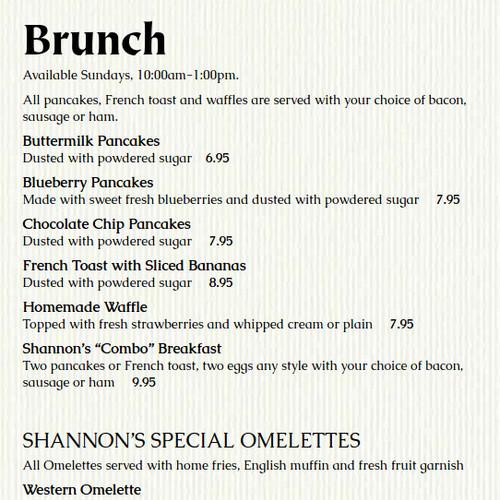 Shannon's Saloon menu in Ellicott City, Maryland, USA