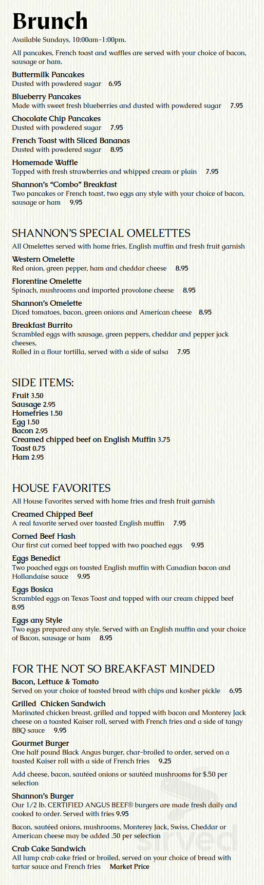 Shannon's Saloon menu in Ellicott City, Maryland, USA