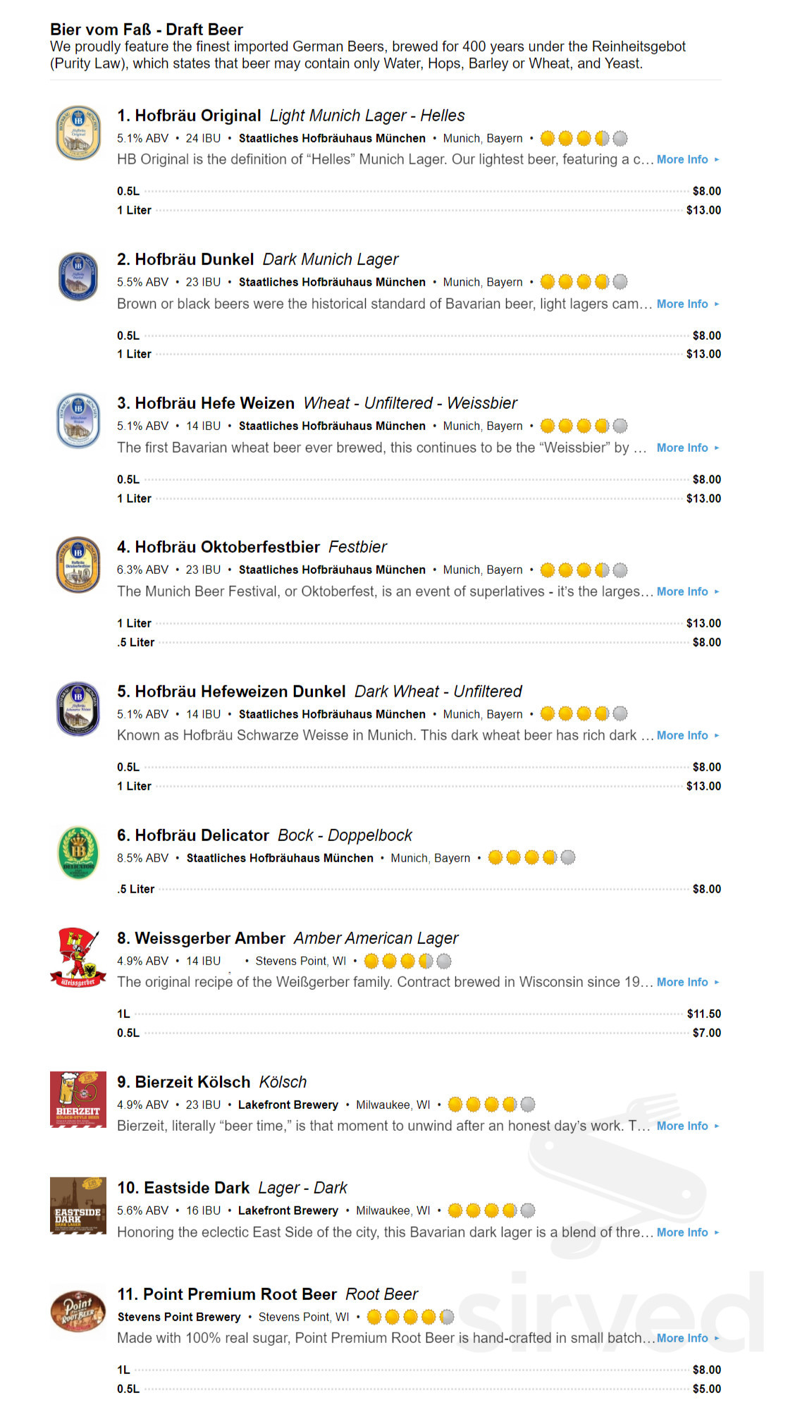 Old German Beer Hall menu in Milwaukee, Wisconsin, USA