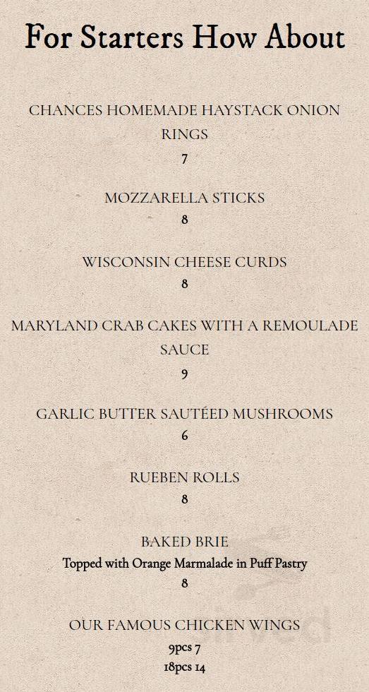 Chances menu in Rochester, Wisconsin, USA