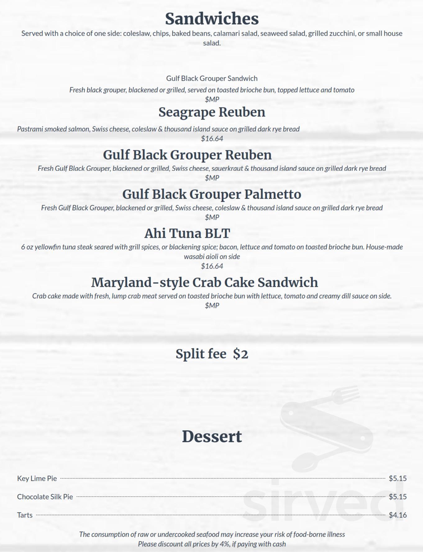 Seagrape Seafood menu in Palmetto, Florida, USA