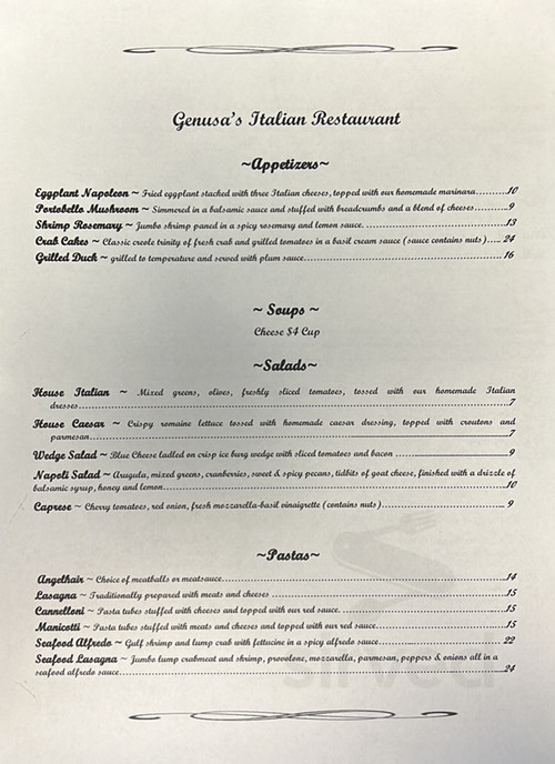 Menu for Genusa's Italian Restaurant in Monroe, LA | Sirved